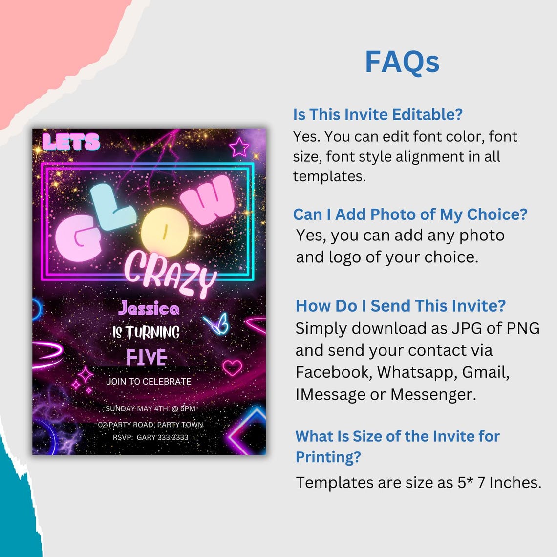 Neon Glow Party Birthday Invitation: Editable Pink Template (digital ...
