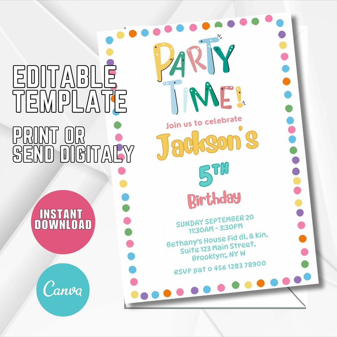 Editable Party Time Birthday Invitation, Colorful Celebration (digital ...