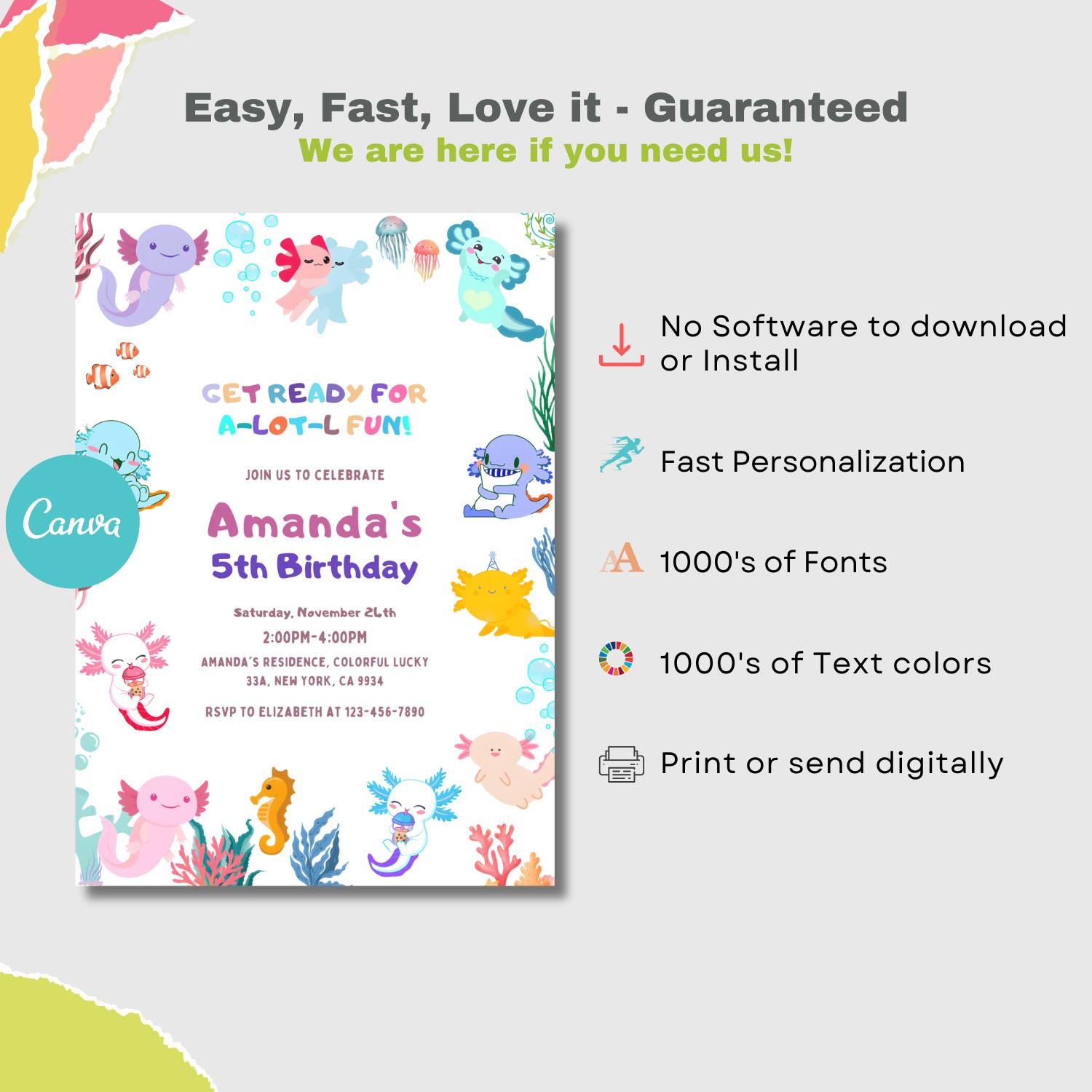 Editable Axolotl Birthday Invitation Template, Under the Sea Party ...