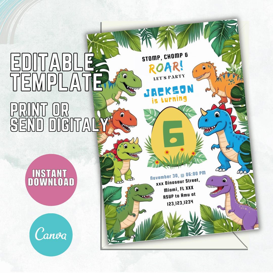 Dinosaur Birthday Invitation: Jurassic Dino Party, Editable Template ...