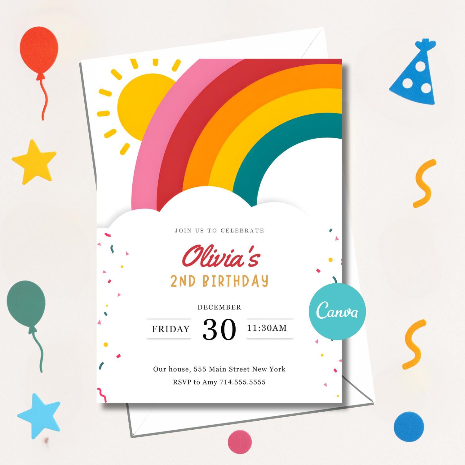 Editable Rainbow Birthday Invitation: Electric Pop Clouds Theme ...