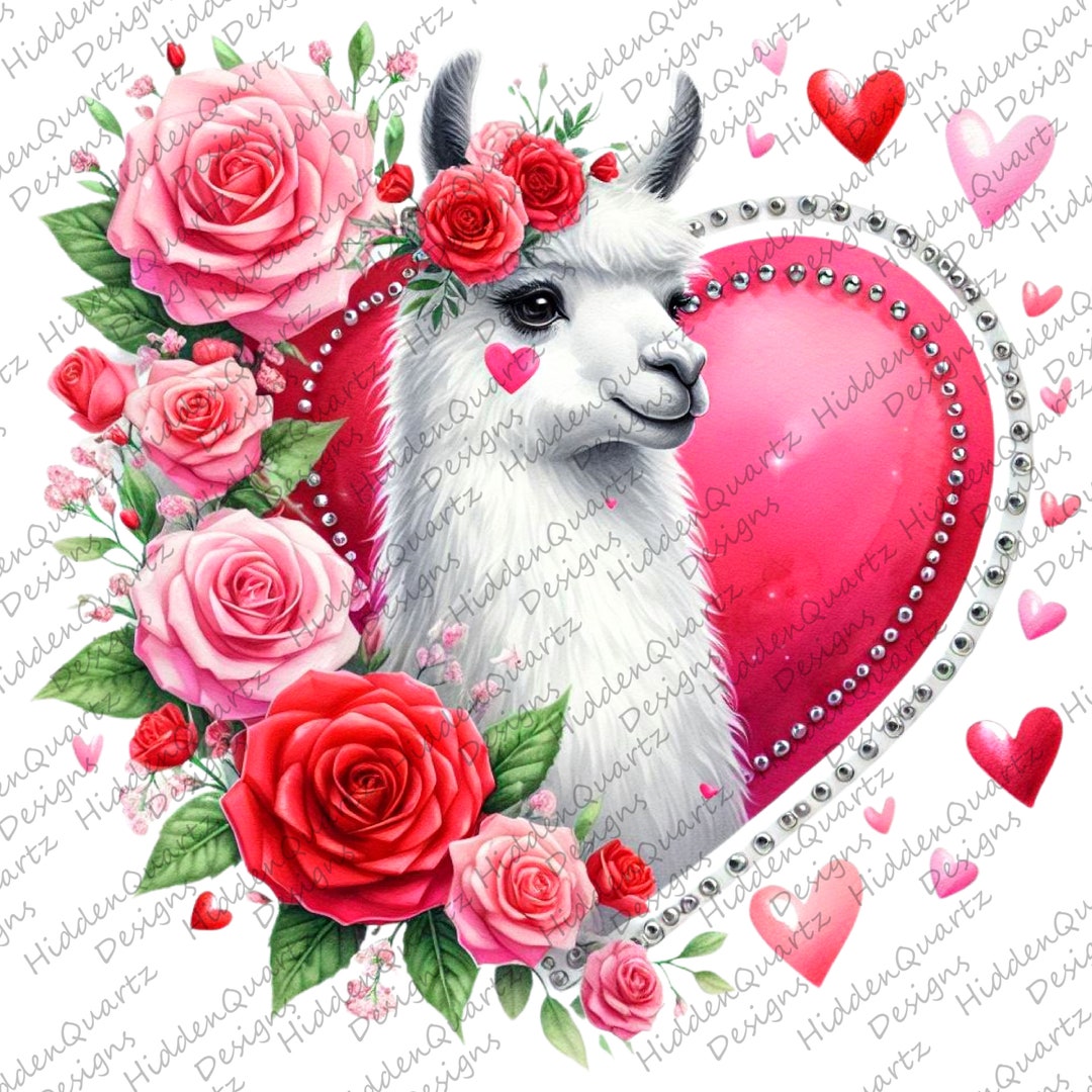 Valentines Day Llama PNG, Llama Sublimation Design, Llama Rose Heart ...