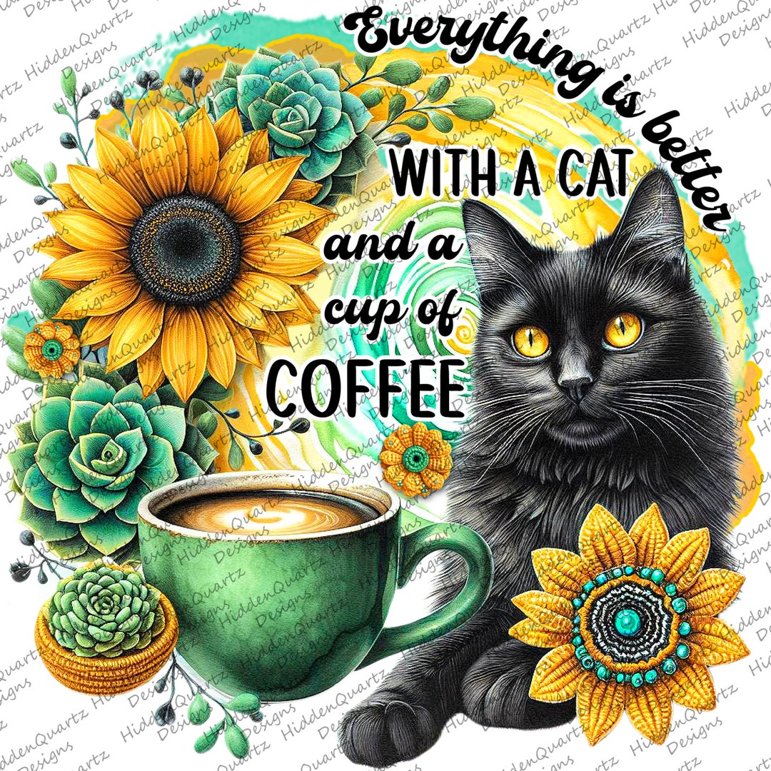 Cat and Coffee PNG, Cat Image Designs, Coffee Digital Design, Clip Art ...