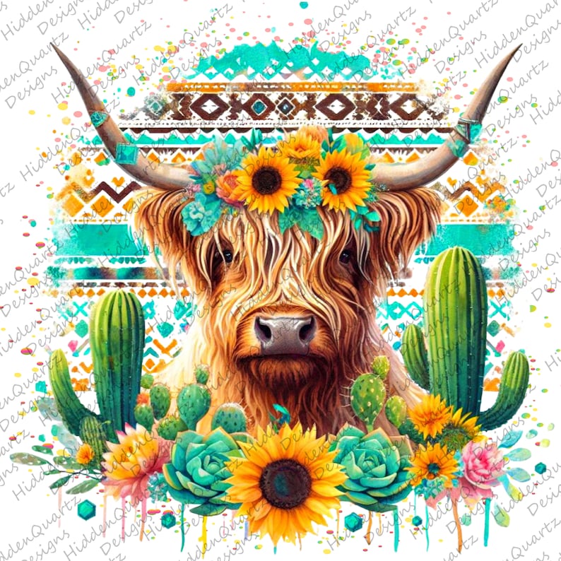 Cow Sunflower Aztec Print PNG, Highland Cow Sublimation Designs, Cow ...