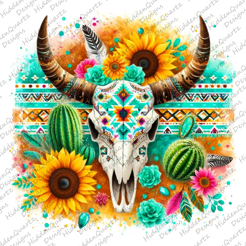 Steer Skull Sunflower Aztec PNG, Longhorn Skull Sublimation Design,cow ...