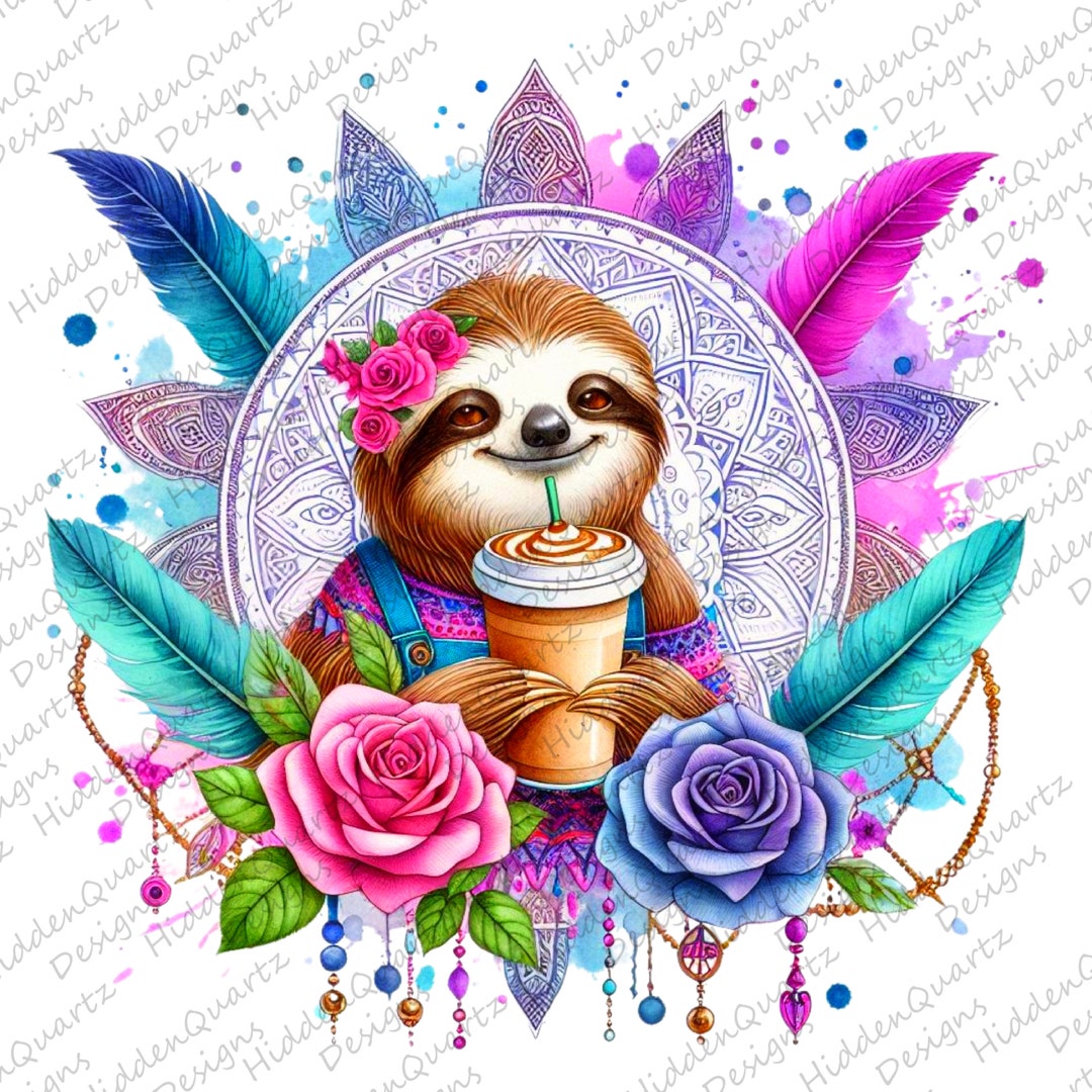 Sloth Coffee PNG, Sloth Latte Print, Boho Mandala, Sloth Sublimation ...
