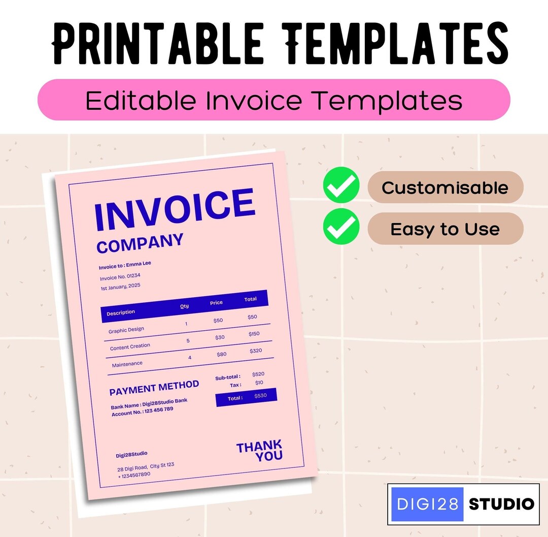 Cute Invoice Digital Template, Editable in Canva, Printable - Etsy