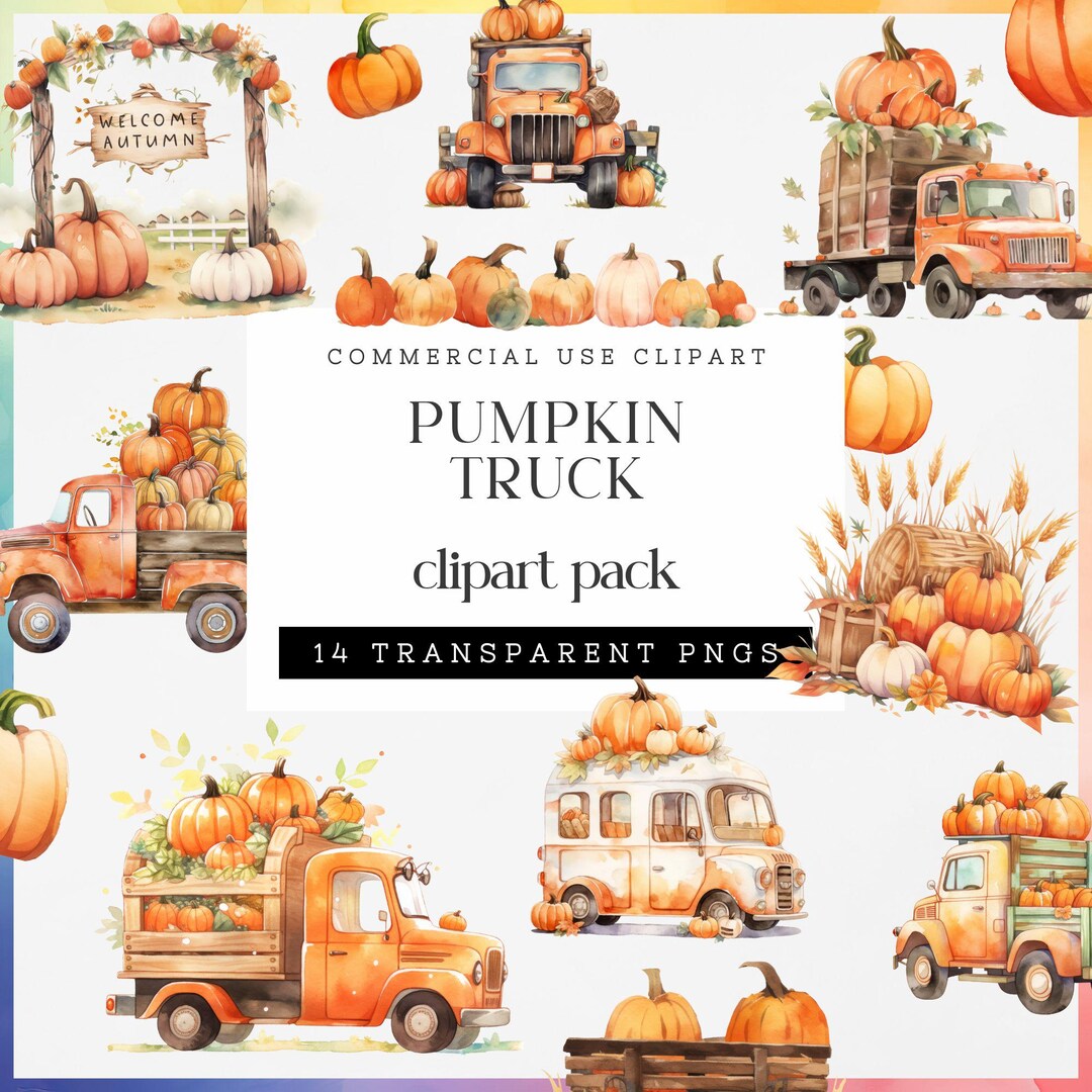 Watercolor Pumpkin Truck Clipart, Autumn Scenery Instant Download, Fall ...