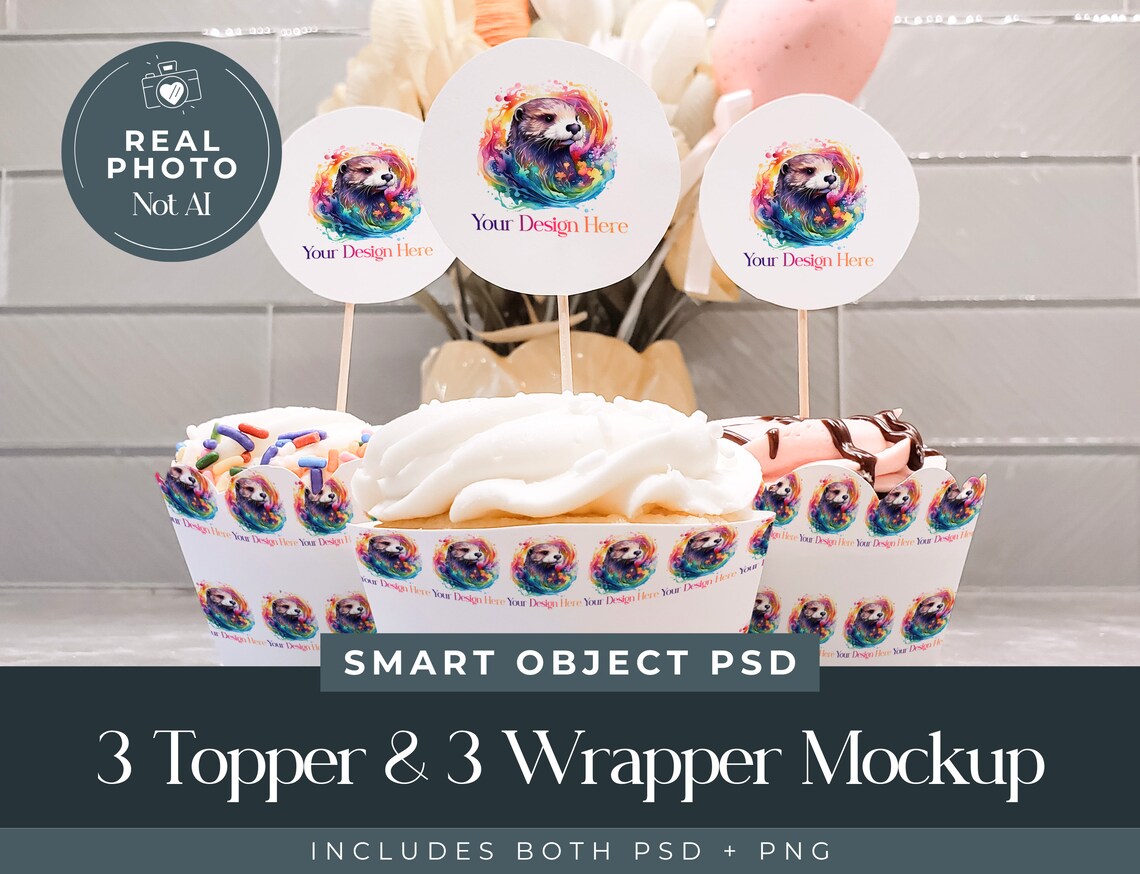 Cupcake Wrapper and Topper Mockup, 3 Circle Topper Cupcakes Mock ...