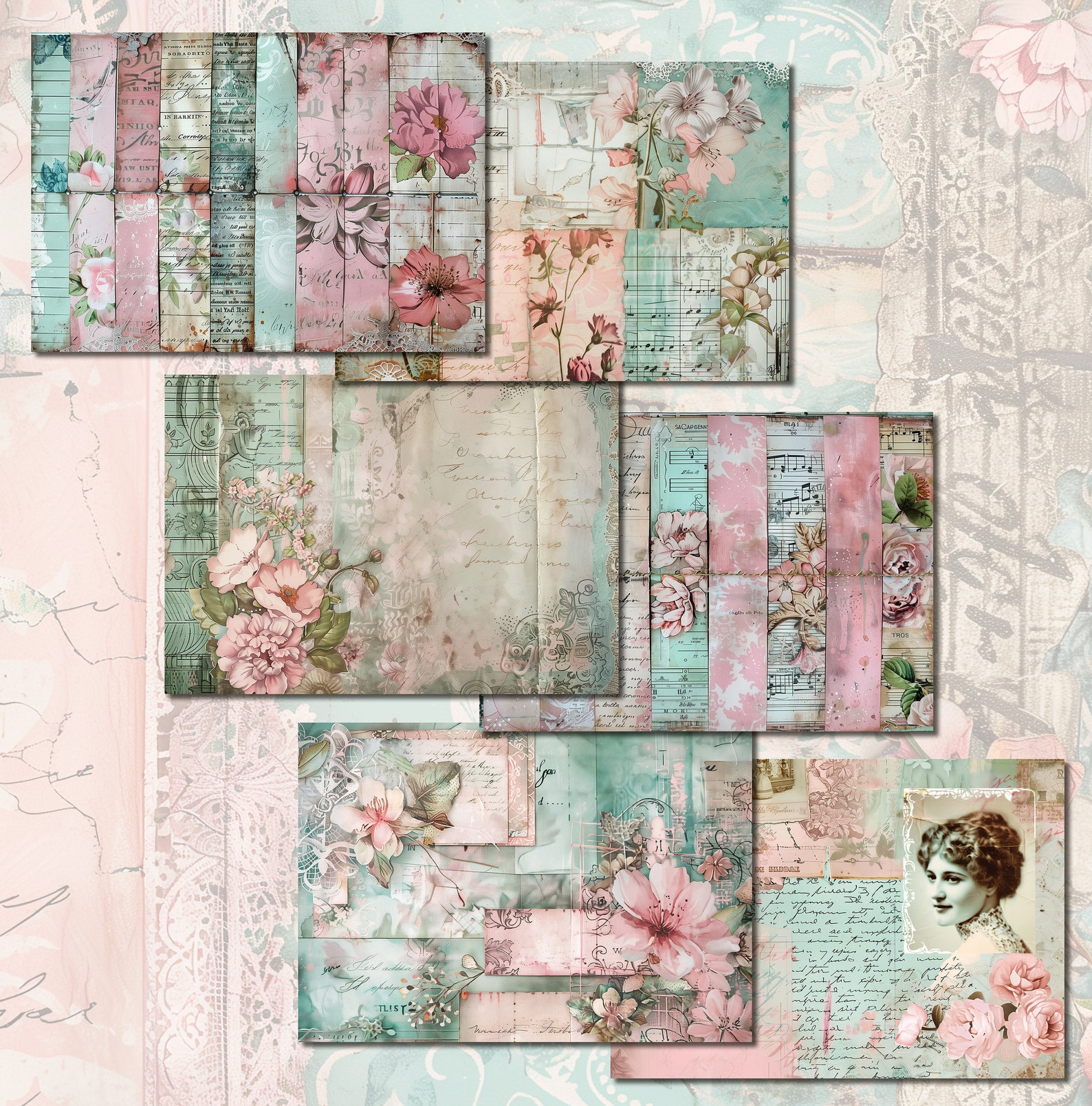 Mint Pink Junk Journal Background Vintage Collection Collage Scrapbook ...