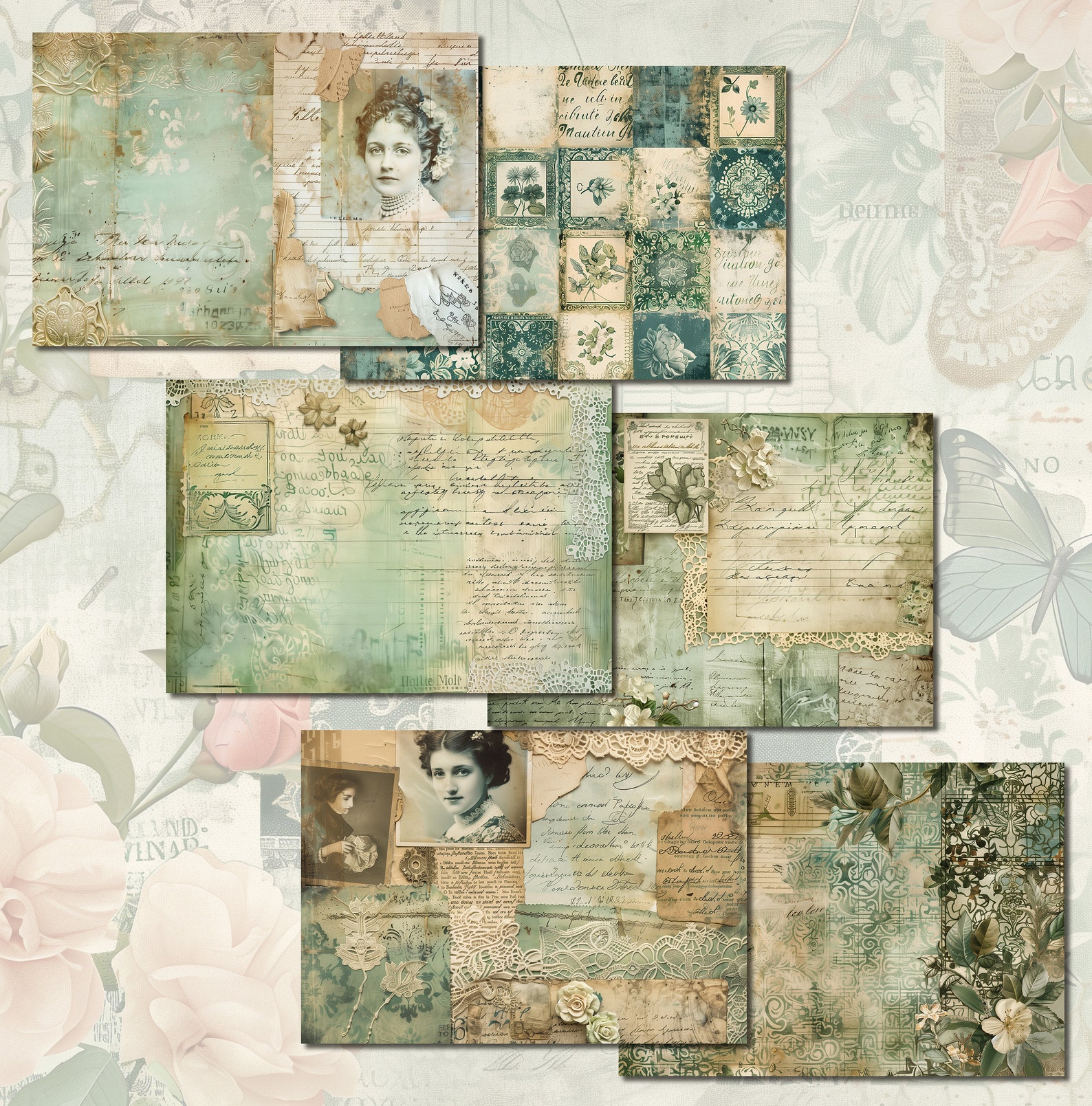 Green Junk Journal Background Vintage Collection Collage Scrapbook ...