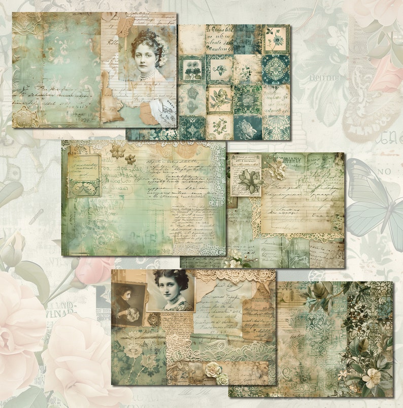 Green Junk Journal Background Vintage Collection Collage Scrapbook ...