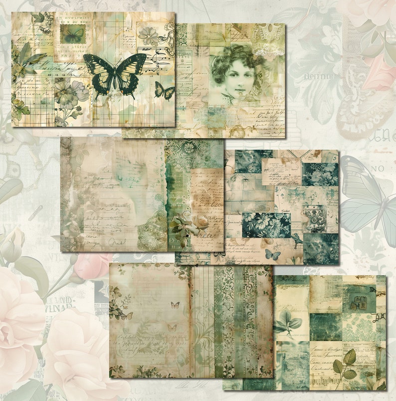 Green Junk Journal Background Vintage Collection Collage Scrapbook ...