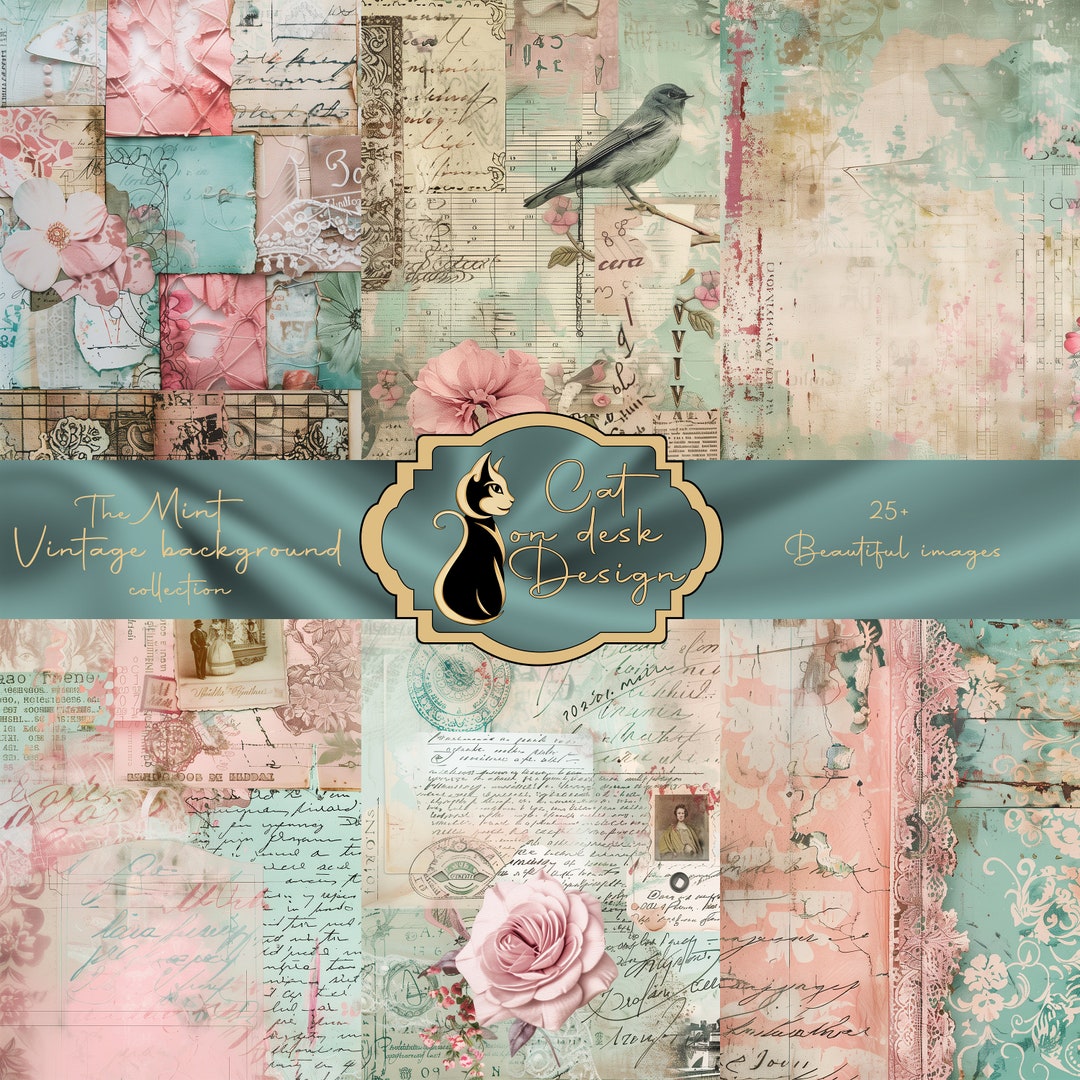 Mint Pink Junk Journal Background Vintage Collection Collage Scrapbook ...