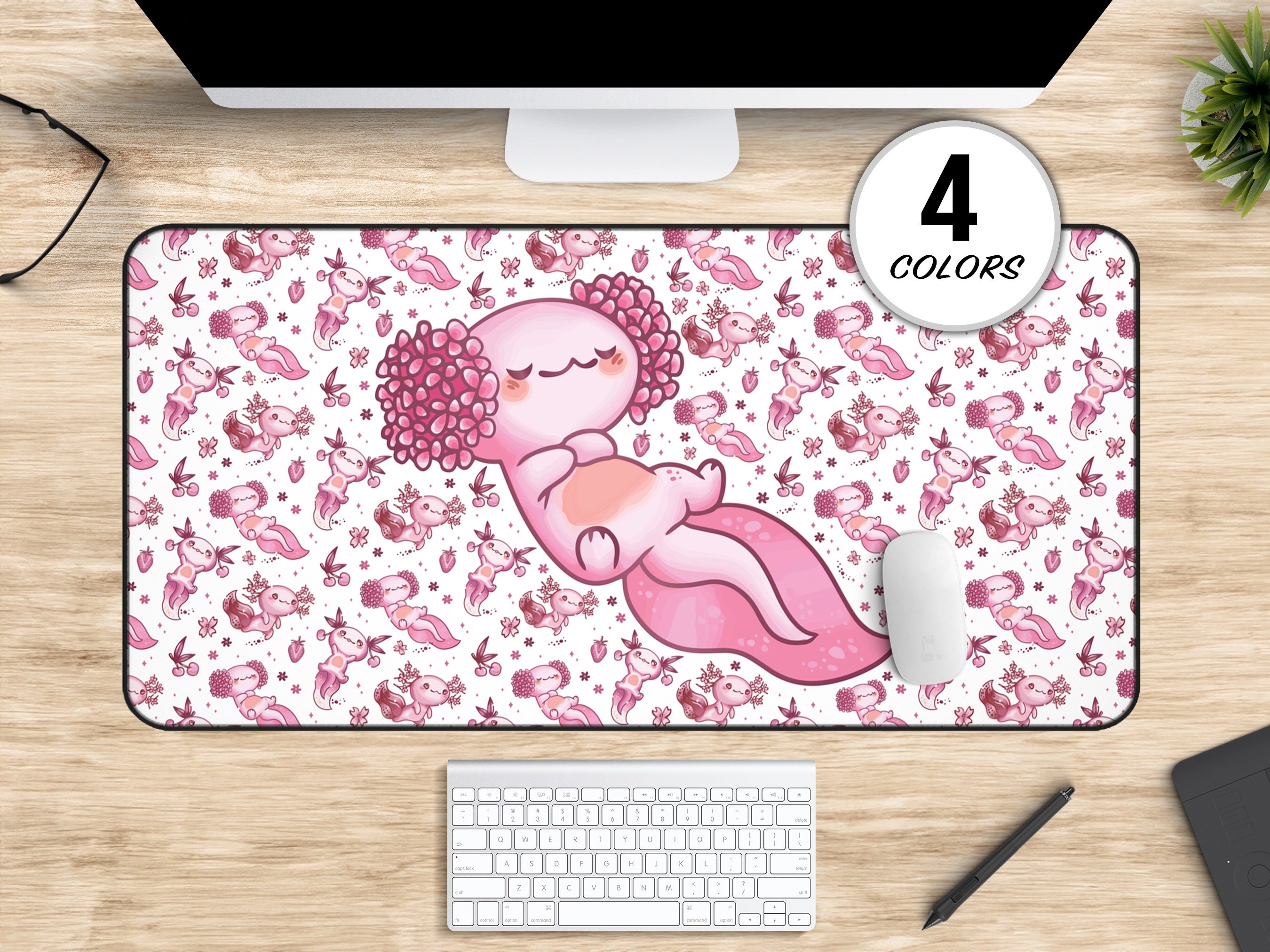 Cute Axolotl Deskmat, Kawaii Aesthetic Large Mouse Pad, Pink Desk Mat ...