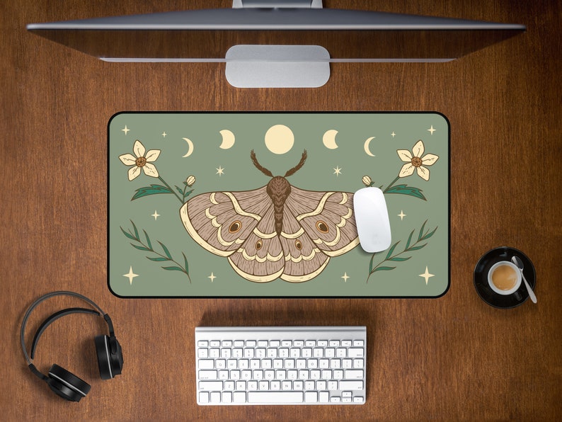 Celestial Moon Phase Moth Deskmat, Cute Moth Mousepad, Moth Floral Desk ...