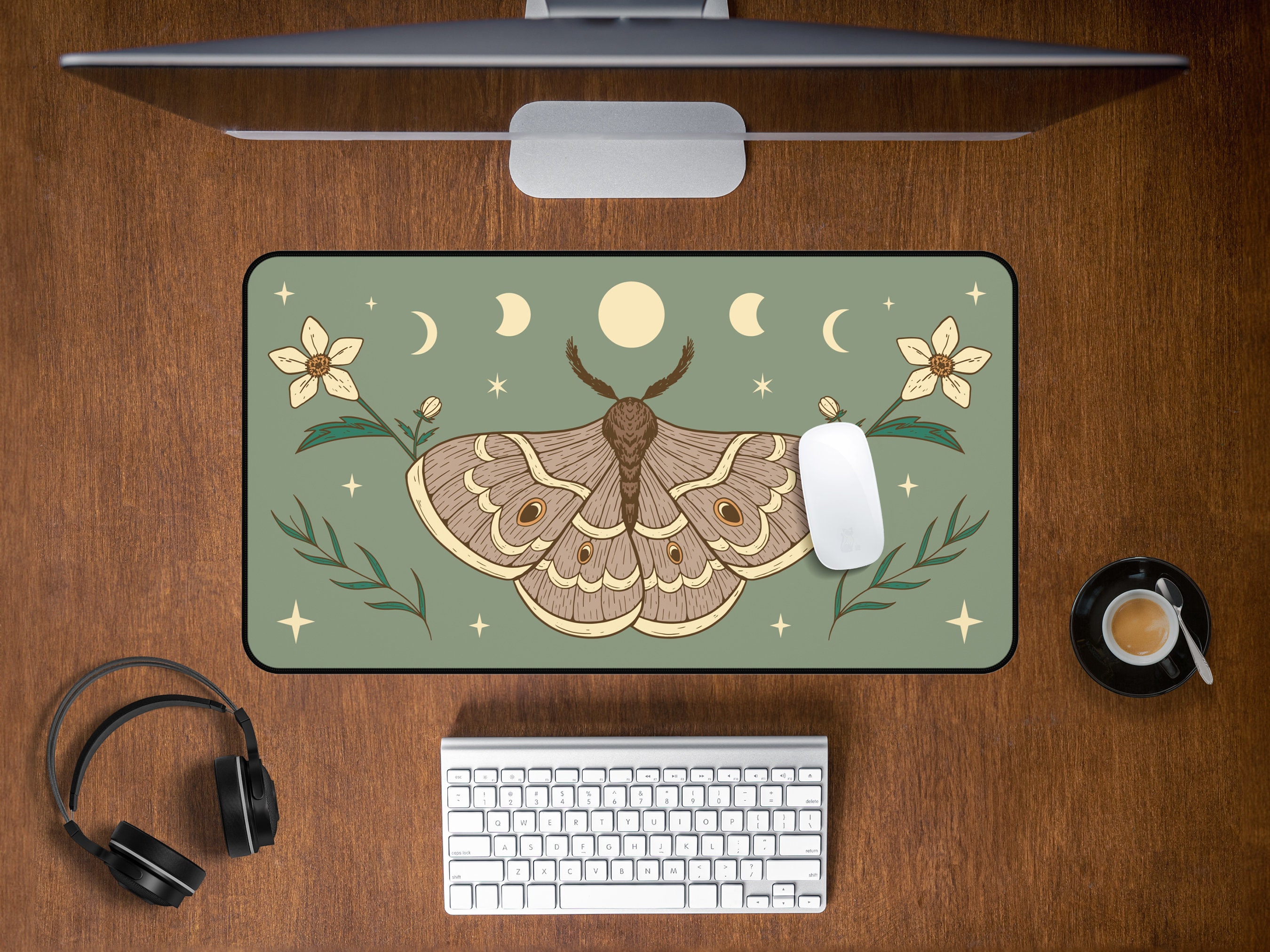 Celestial Moon Phase Moth Deskmat, Cute Moth Mousepad, Moth Floral Desk ...