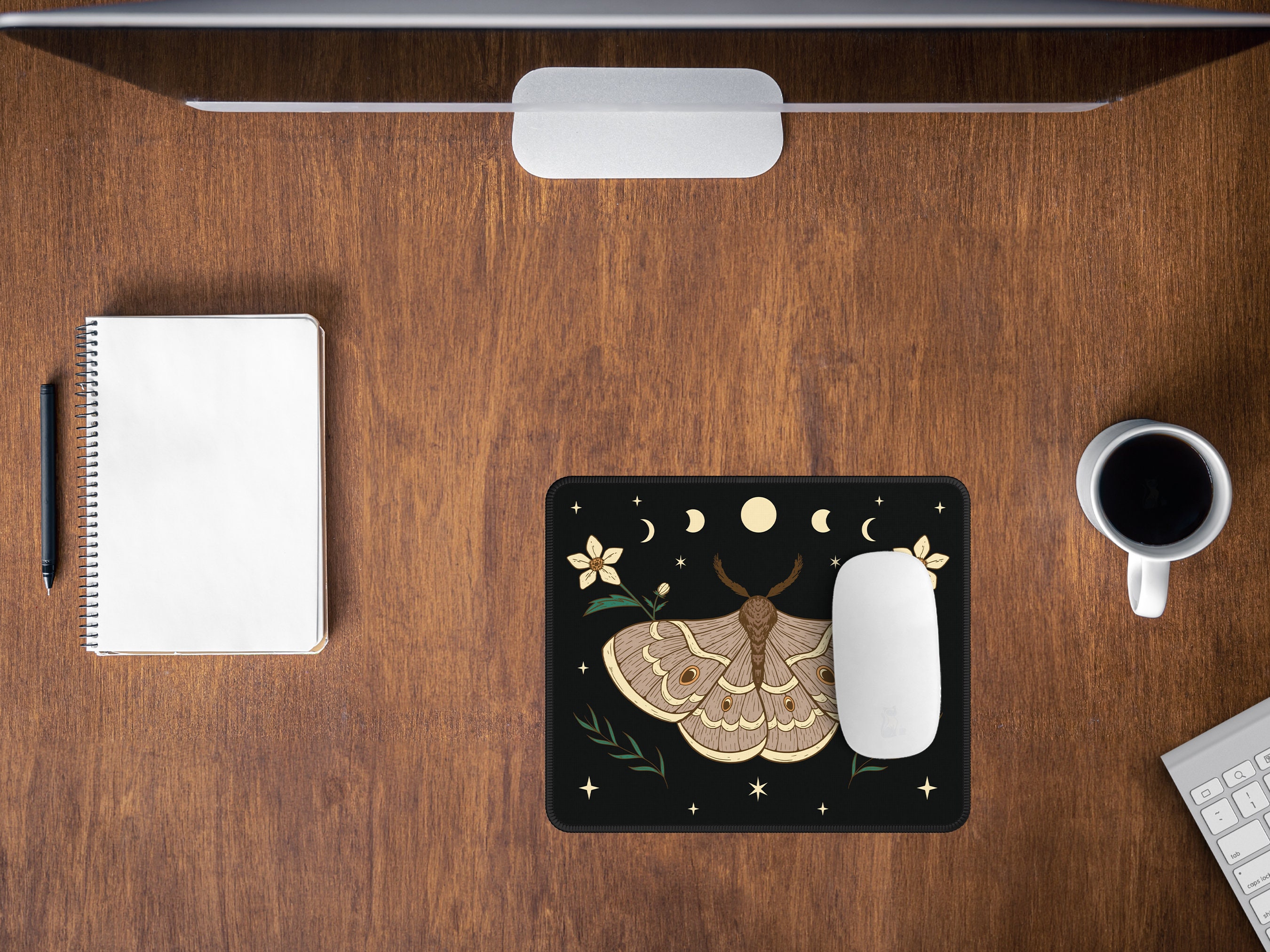 Celestial Moon Phase Moth Deskmat, Cute Moth Mousepad, Moth Floral Desk ...