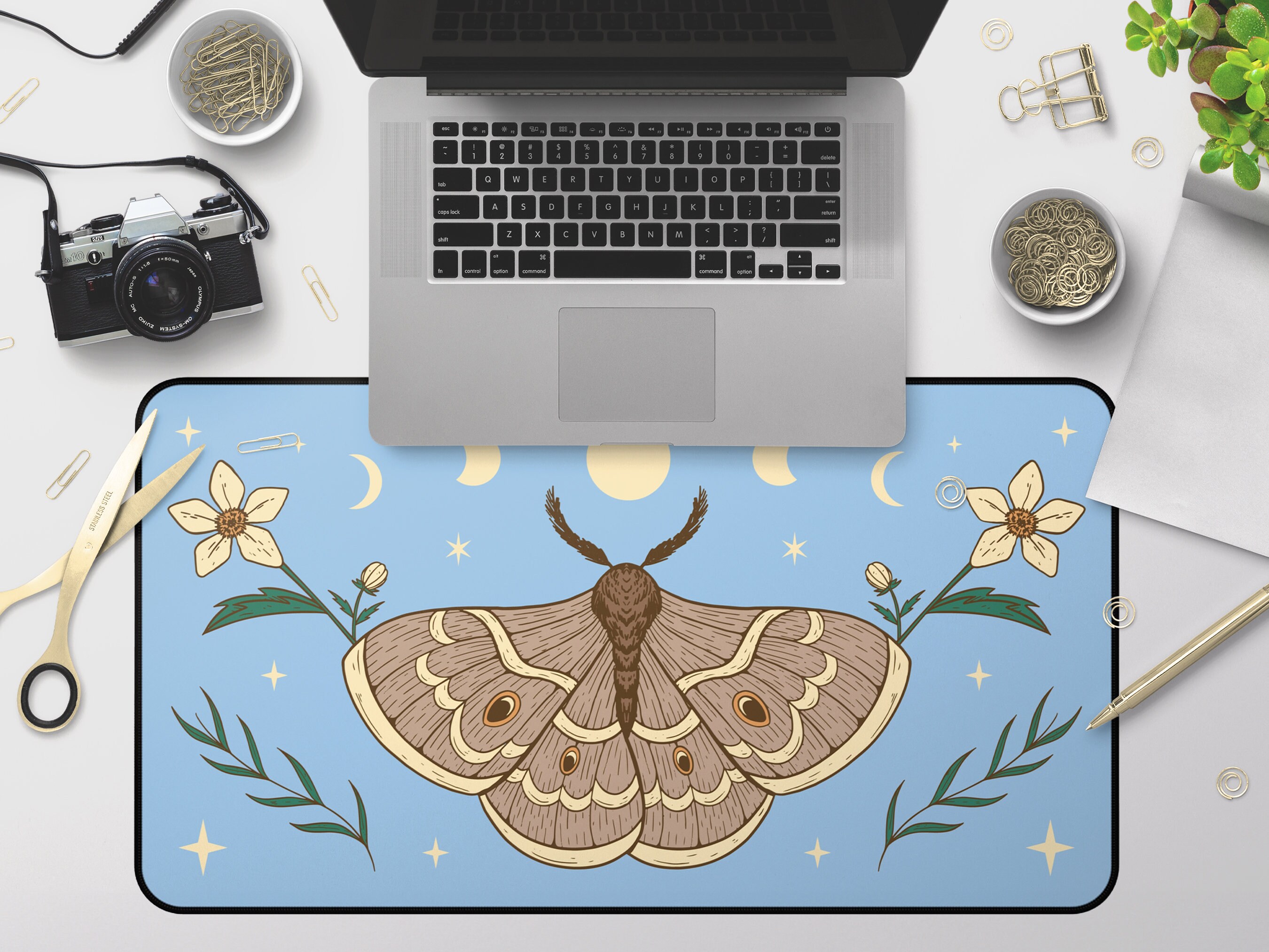 Celestial Moon Phase Moth Deskmat, Cute Moth Mousepad, Moth Floral Desk ...