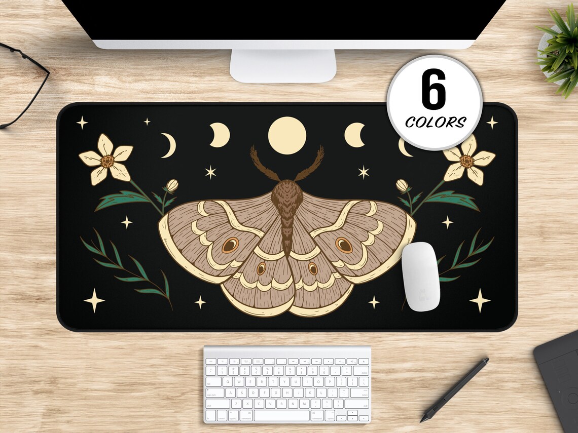 Celestial Moon Phase Moth Deskmat, Cute Moth Mousepad, Moth Floral Desk ...