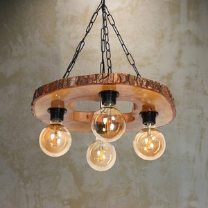 Natural Rustic Wood Pendant Light, Farmhouse Ceiling Lamp, Handcraft ...