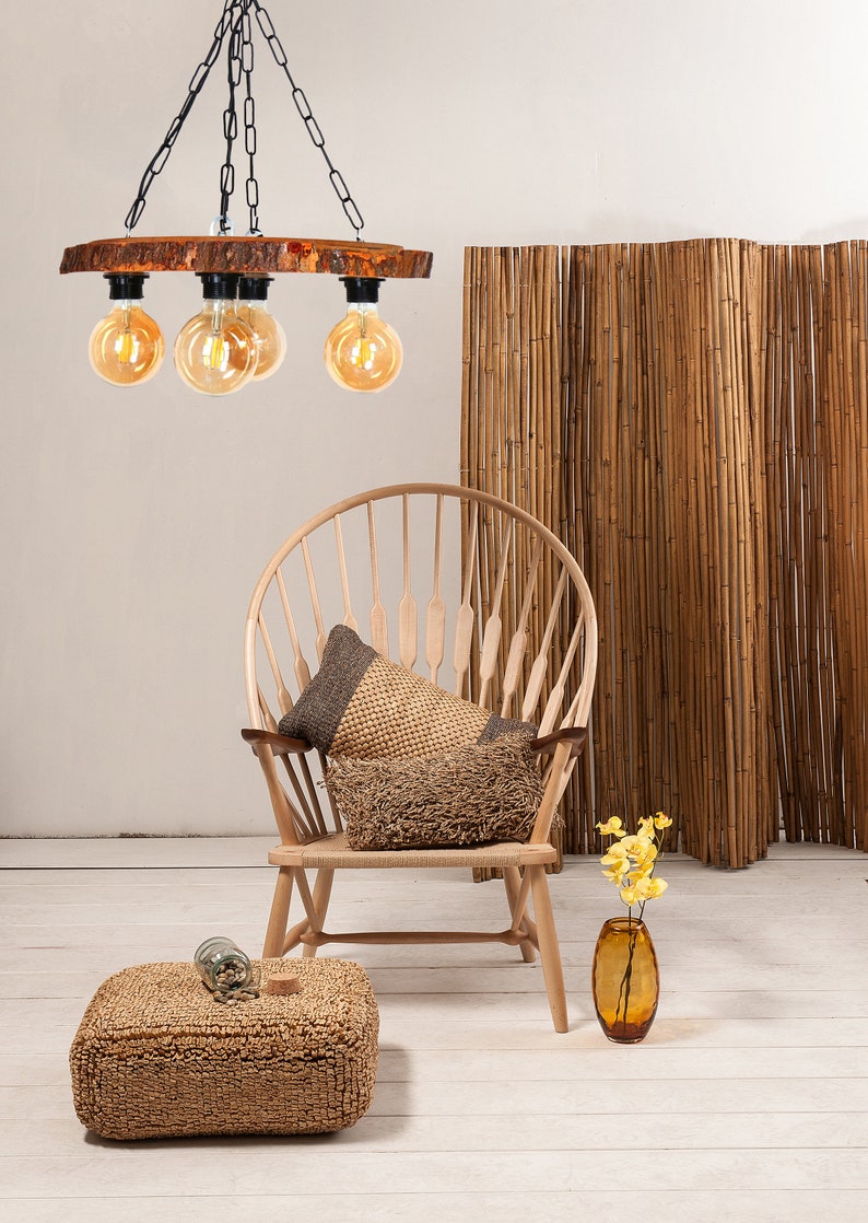 Natural Rustic Wood Pendant Light, Farmhouse Ceiling Lamp, Handcraft ...