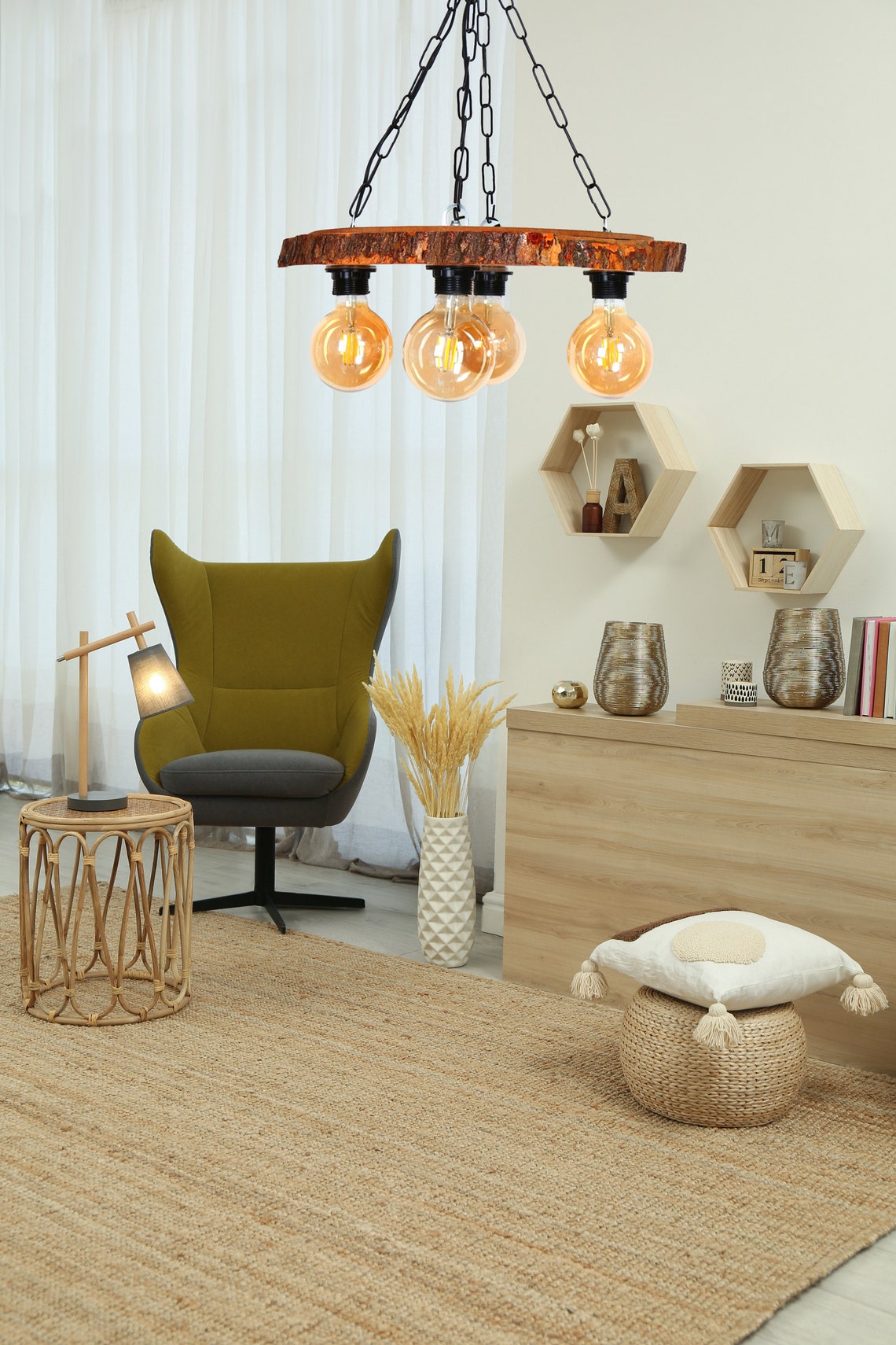 Natural Rustic Wood Pendant Light, Farmhouse Ceiling Lamp, Handcraft ...