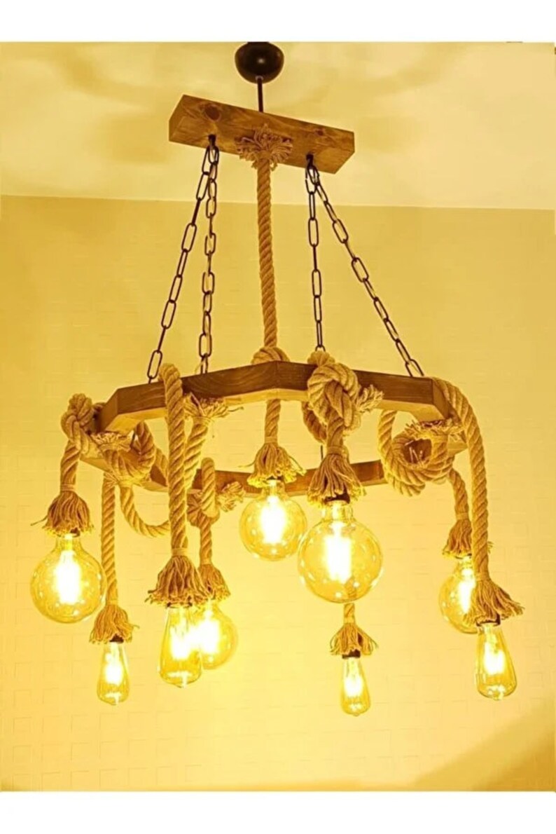 Wooden Farmhouse Chandelier, Rustic Ceiling Light, Rope Pendant Light ...