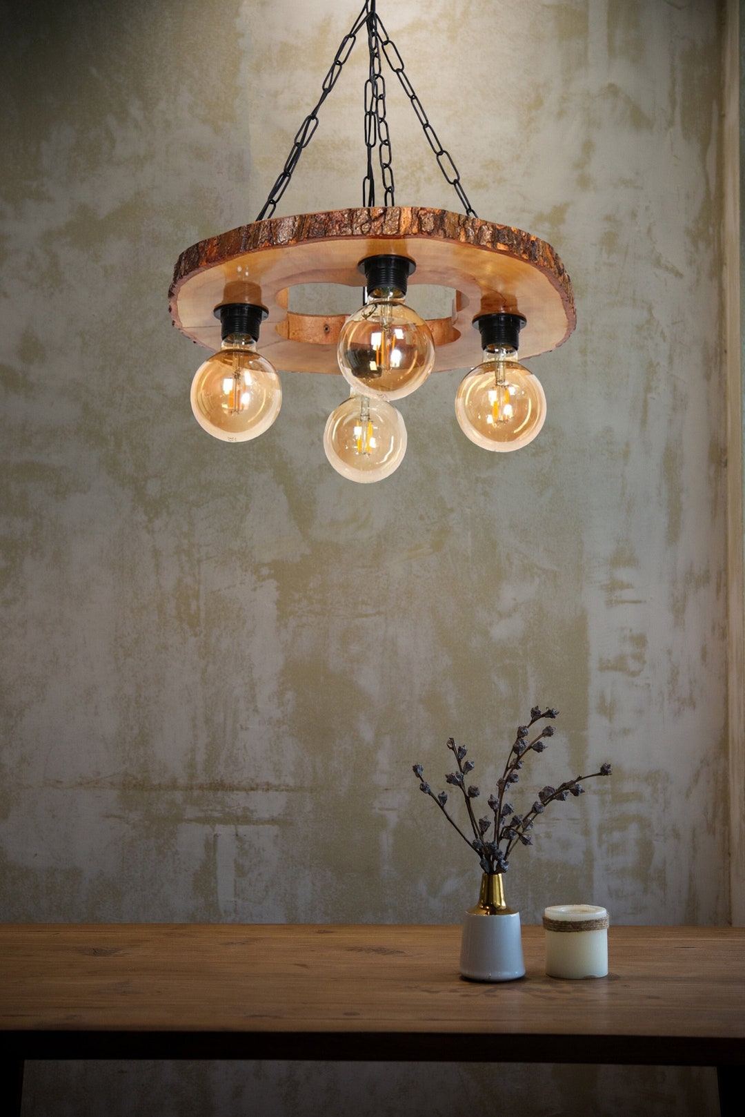 Natural Rustic Wood Pendant Light, Farmhouse Ceiling Lamp, Handcraft ...