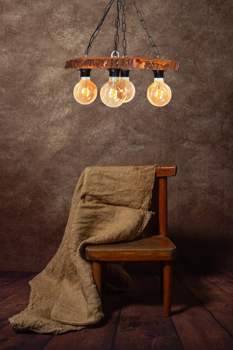 Natural Rustic Wood Pendant Light, Farmhouse Ceiling Lamp, Handcraft ...