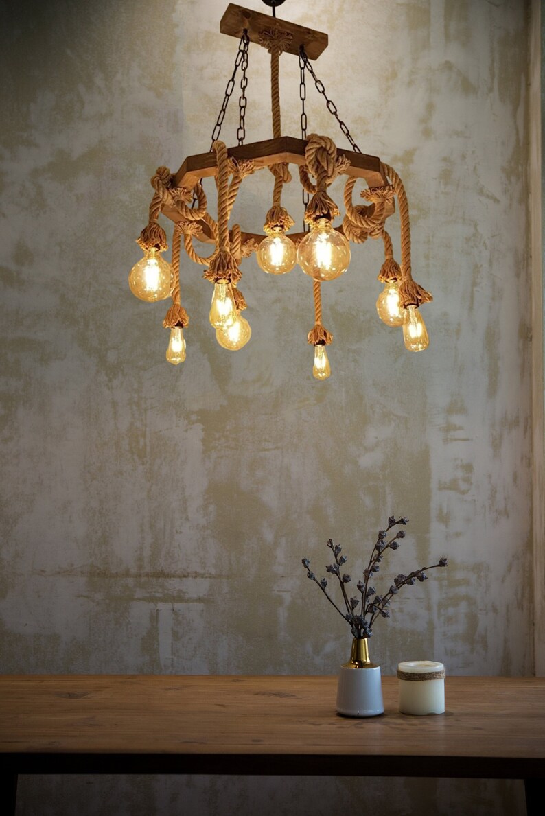 Wooden Farmhouse Chandelier, Rustic Ceiling Light, Rope Pendant Light, Wood Light Fixture ...