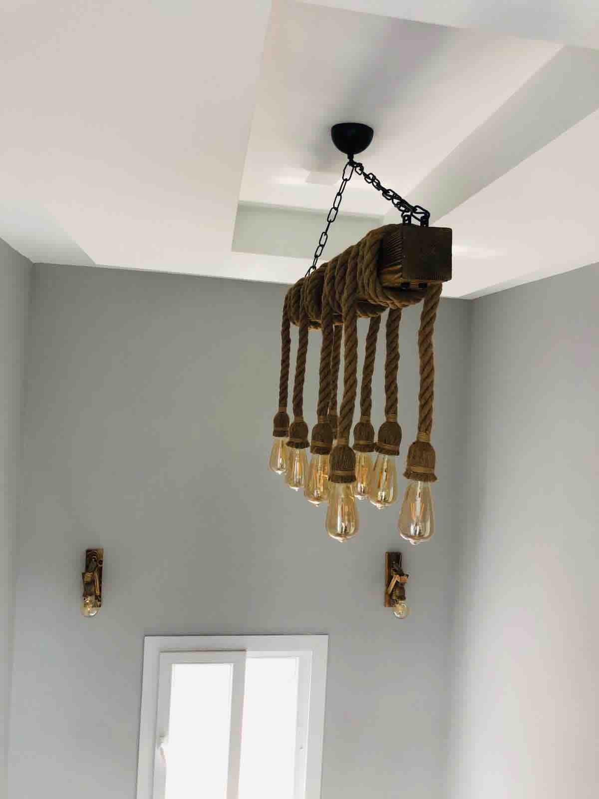 Farmhouse Style Wood Chandelier, Rope Pendant Light, Rustic Light ...