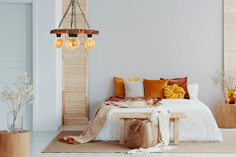 Natural Rustic Wood Pendant Light, Farmhouse Ceiling Lamp, Handcraft ...