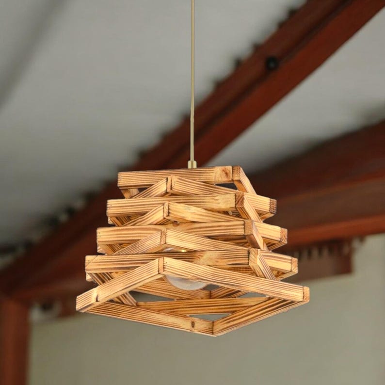 Rustic Wood Pendant Light, Farmhouse Ceiling Lamp, Handcraft Elegant ...