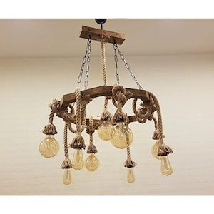Wooden Farmhouse Chandelier, Rustic Ceiling Light, Rope Pendant Light ...