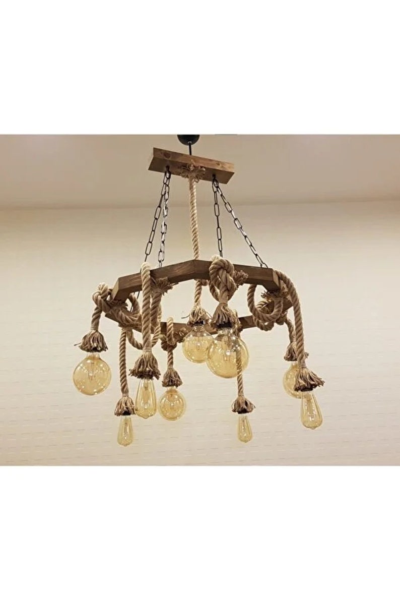 Wooden Farmhouse Chandelier, Rustic Ceiling Light, Rope Pendant Light ...
