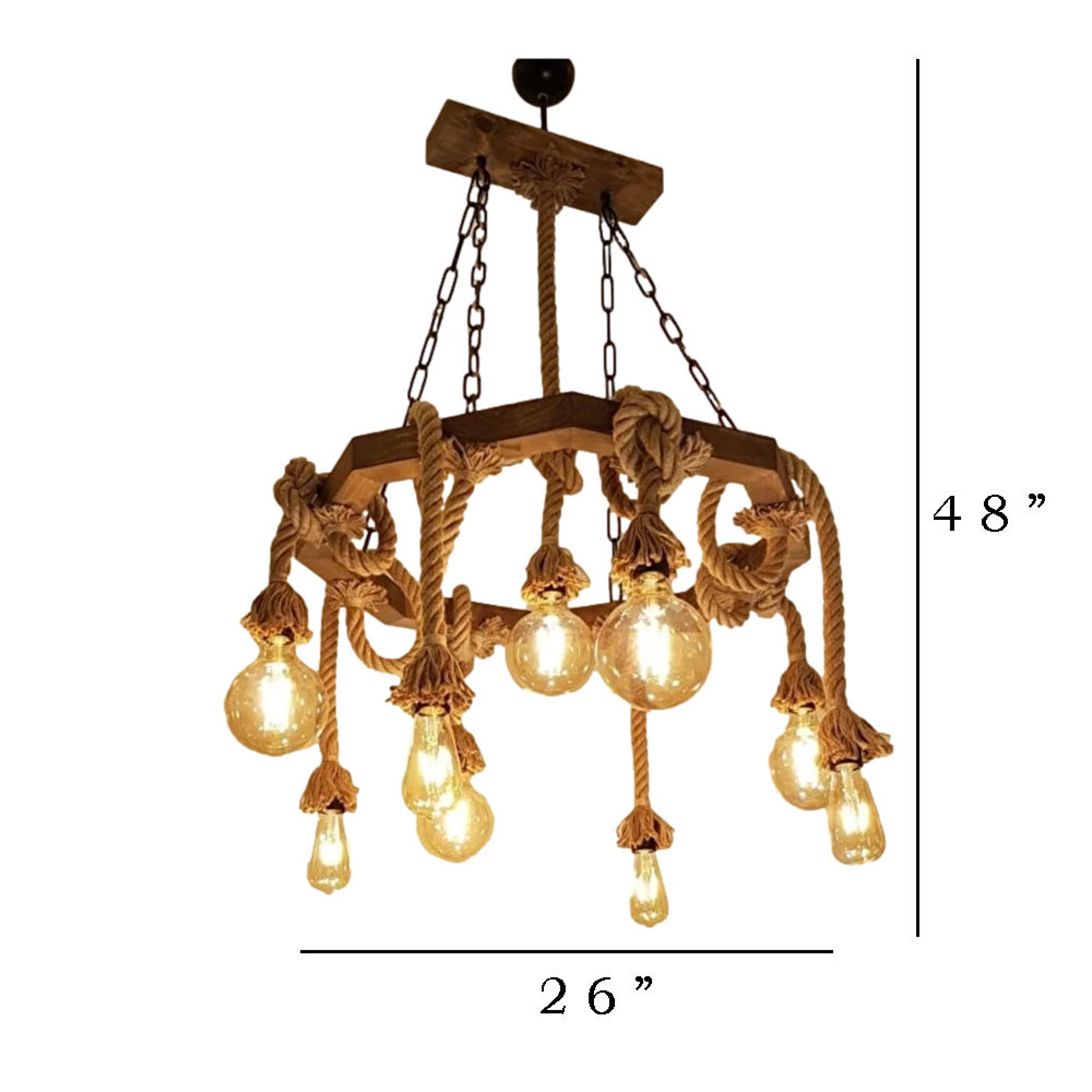 Wooden Farmhouse Chandelier, Rustic Ceiling Light, Rope Pendant Light ...