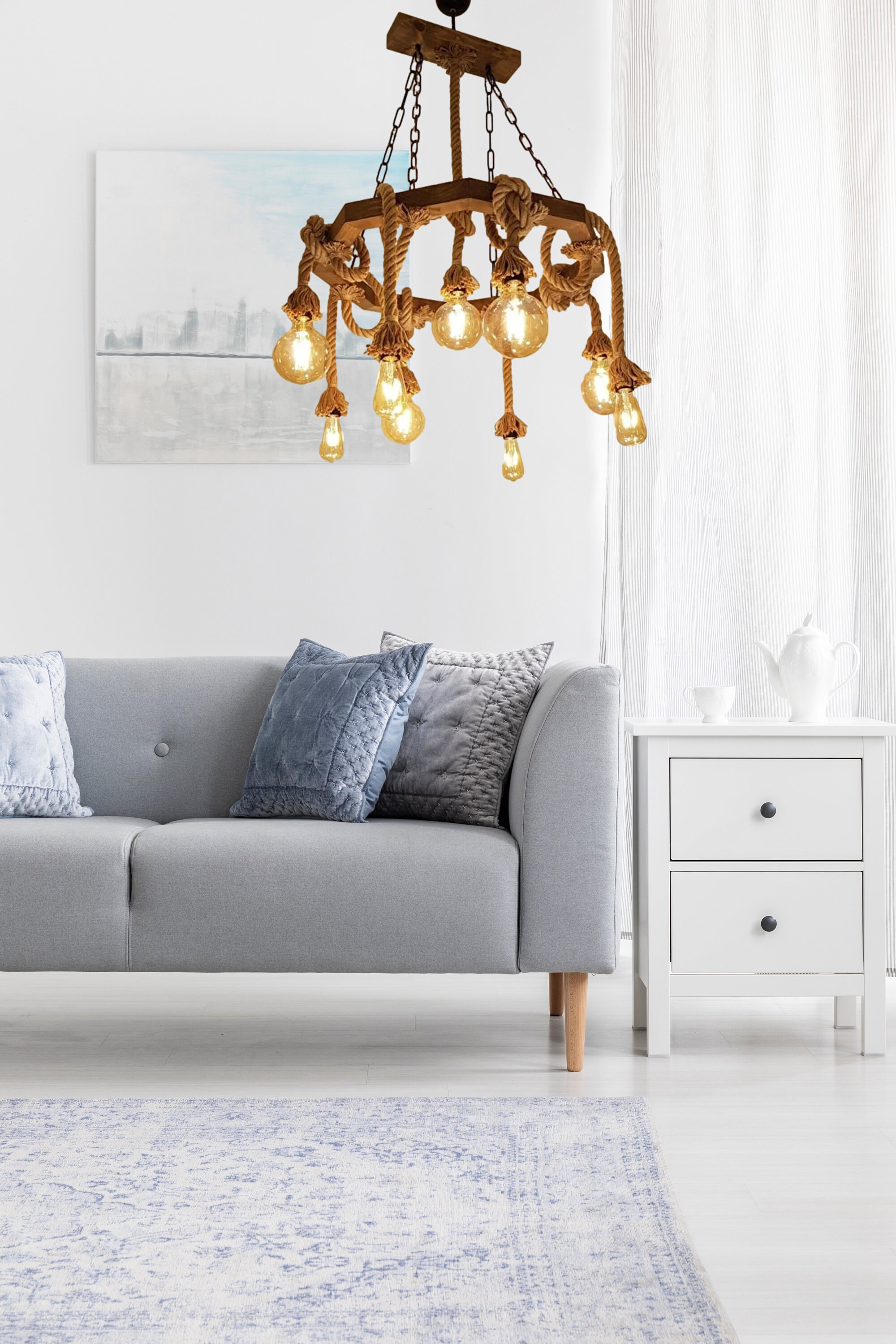 Wooden Farmhouse Chandelier, Rustic Ceiling Light, Rope Pendant Light ...