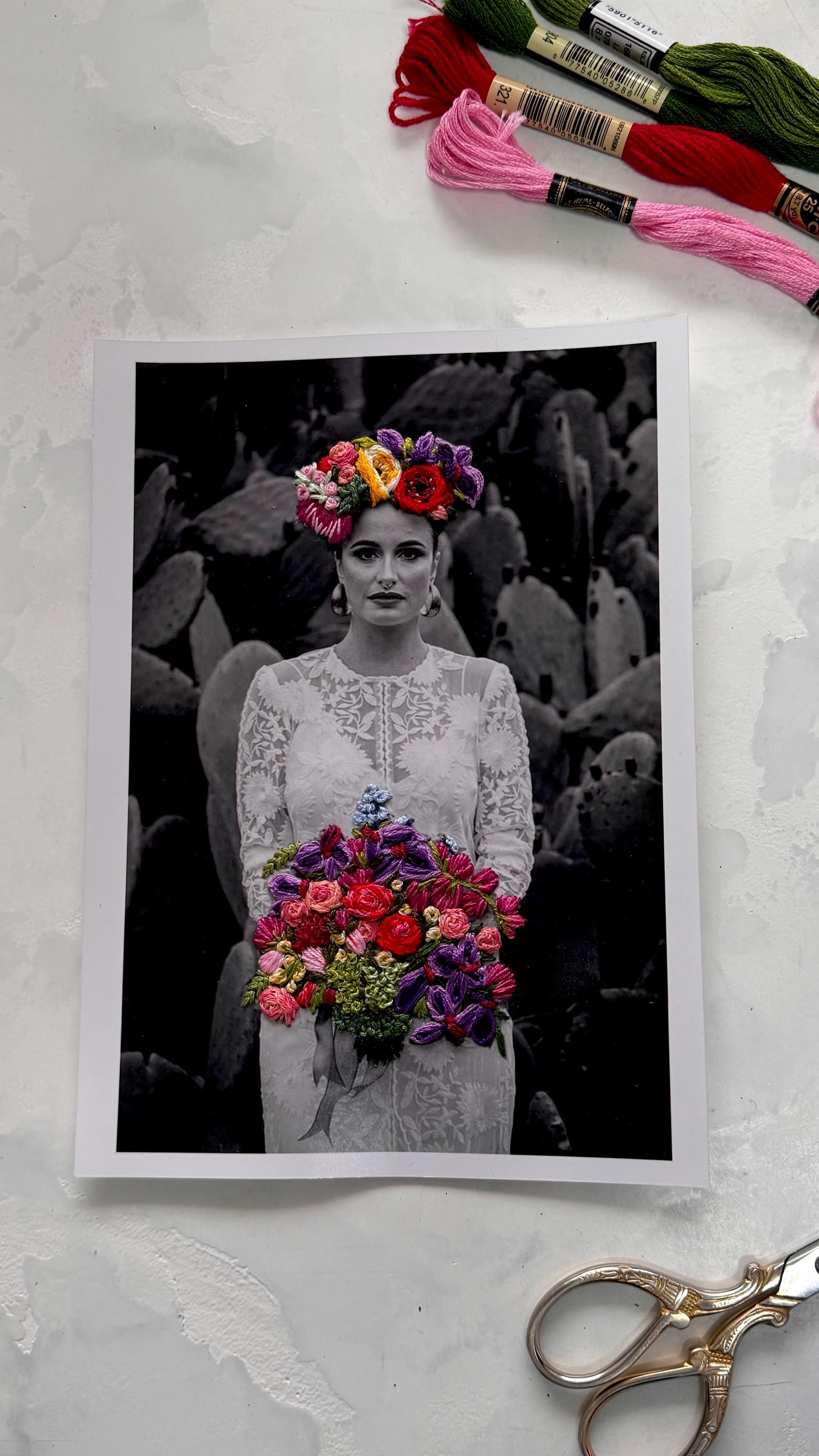 Custom Embroidered Wedding Photo, Hand Stitched Wedding Boquet on a ...