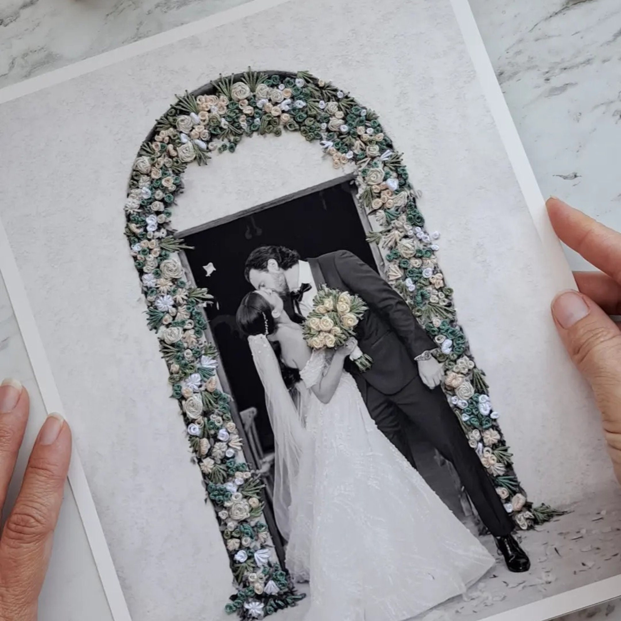 Custom Embroidered Wedding Photo, Hand Stitched Wedding Boquet on a ...