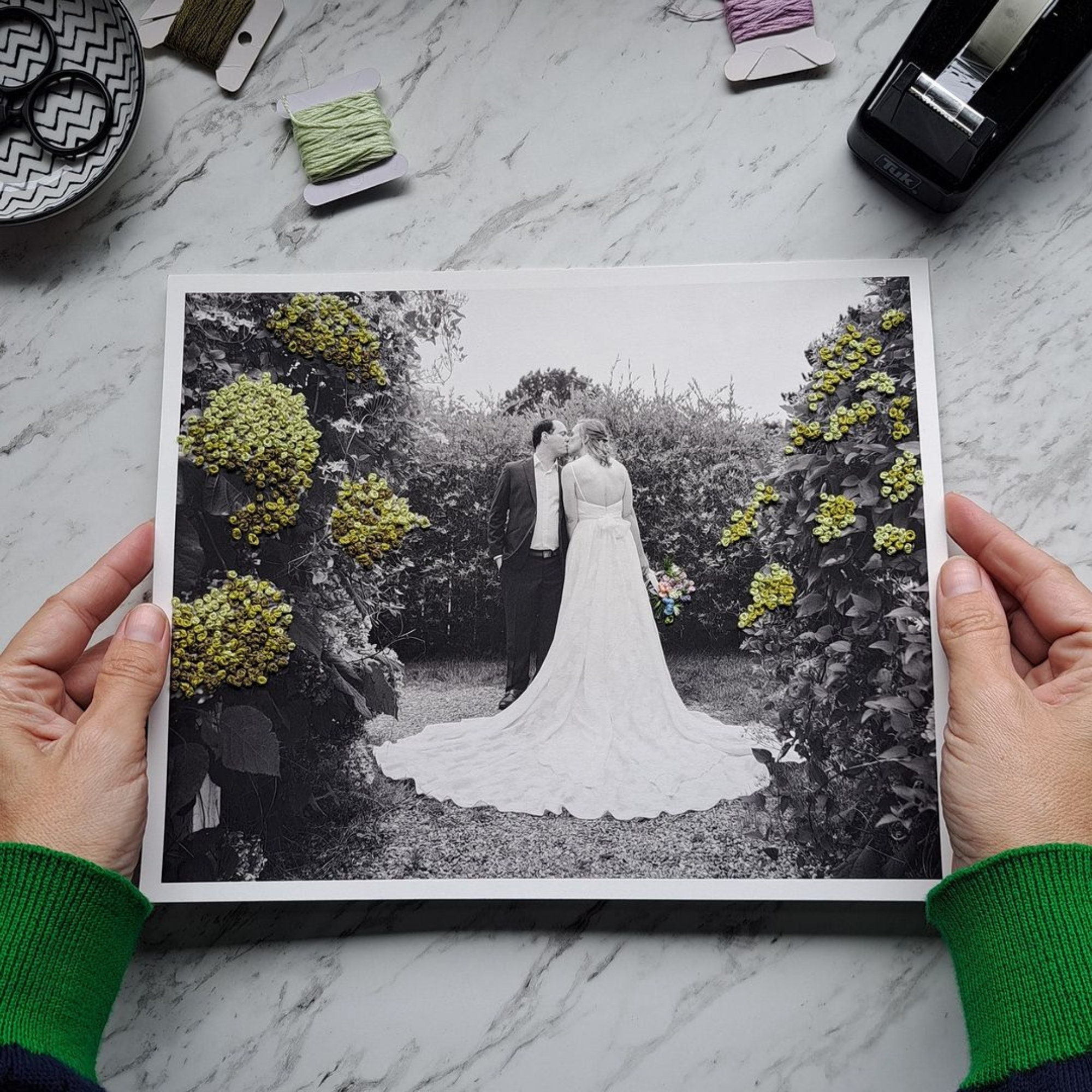 Custom Embroidered Wedding Photo, Hand Stitched Wedding Boquet on a ...