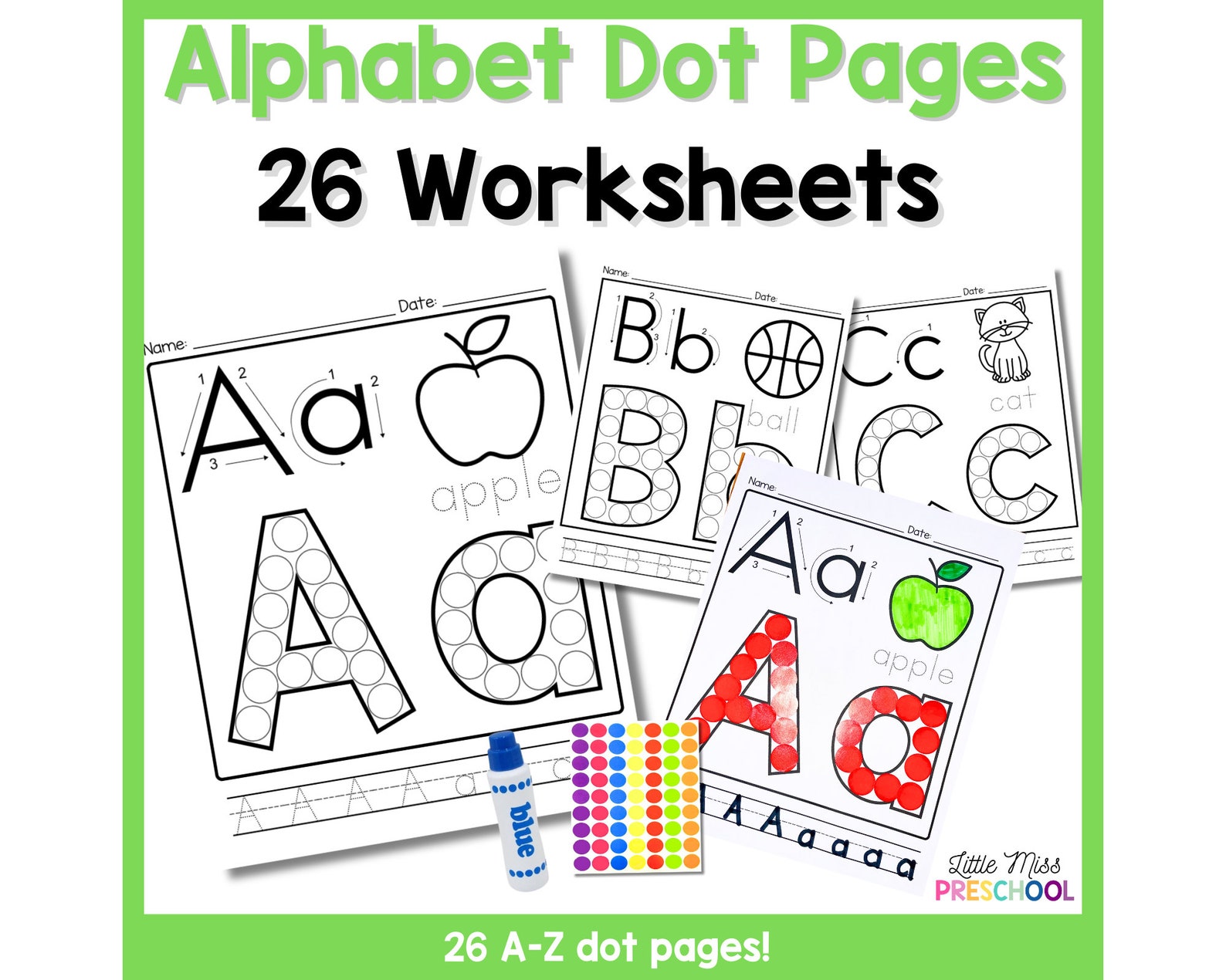Alphabet Dot Pages A-Z - 26 Worksheets (preschool, Pre-k, Kinder) - Etsy