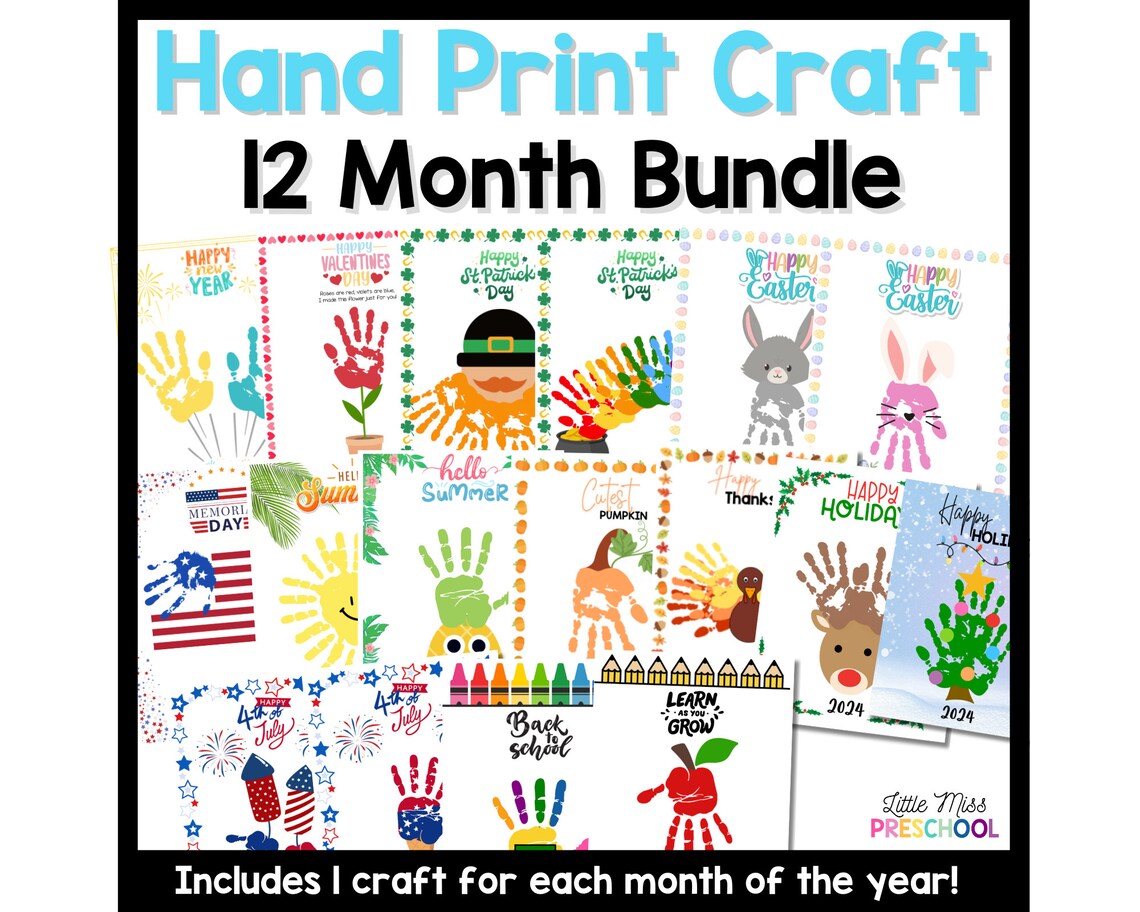 Holiday Hand Print Crafts 12 Month Digital BUNDLE - January to December ...