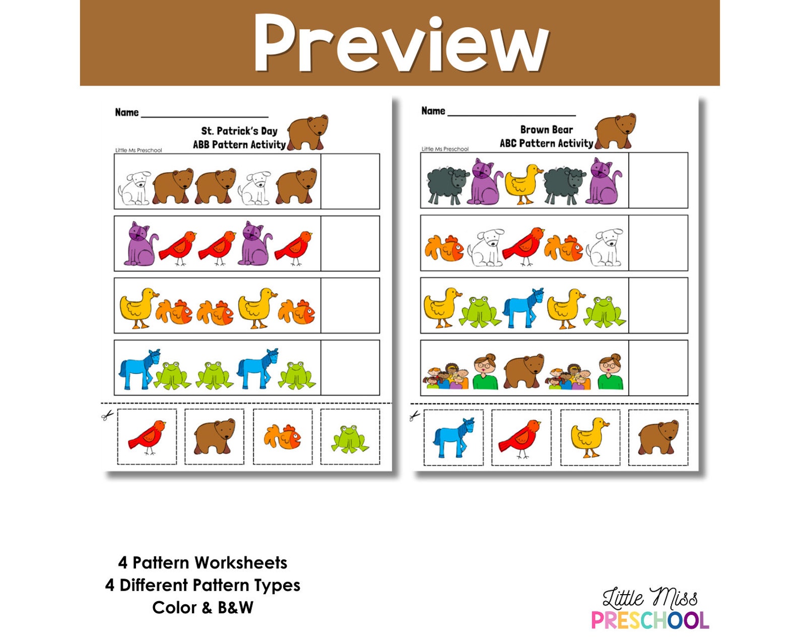 Brown Bear Pattern Worksheets (4 Different Patterns) - Etsy