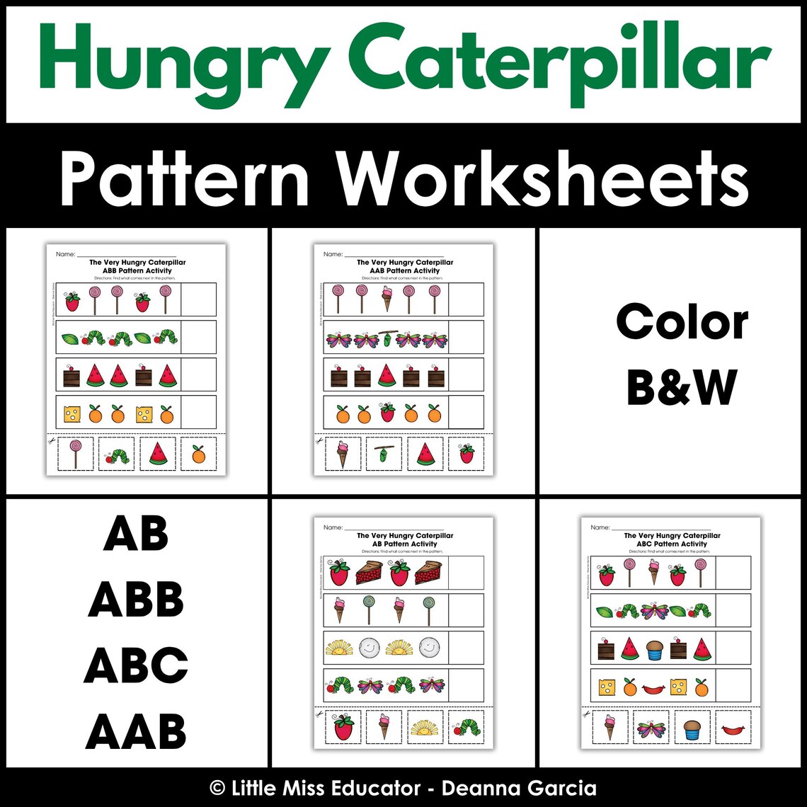The Hungry Caterpillar Pattern Worksheets | Preschool, Pre-k, Kinder - Etsy