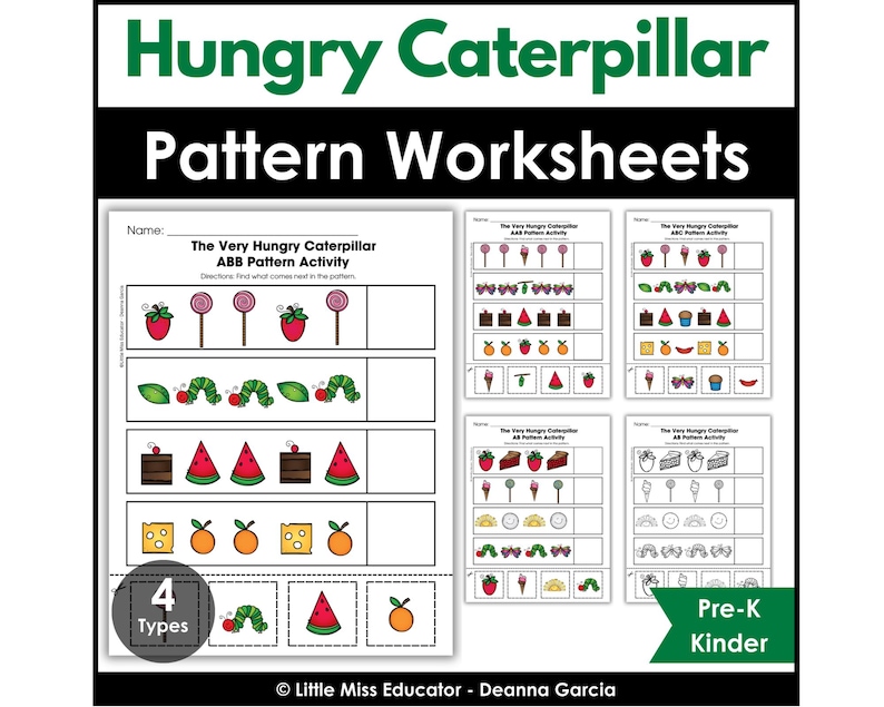The Hungry Caterpillar Pattern Worksheets | Preschool, Pre-k, Kinder - Etsy