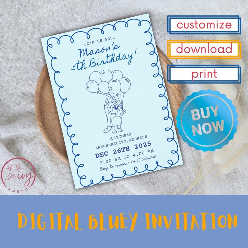 Minimalist Bluey Birthday Invitation | Editable Bluey Party Invite ...