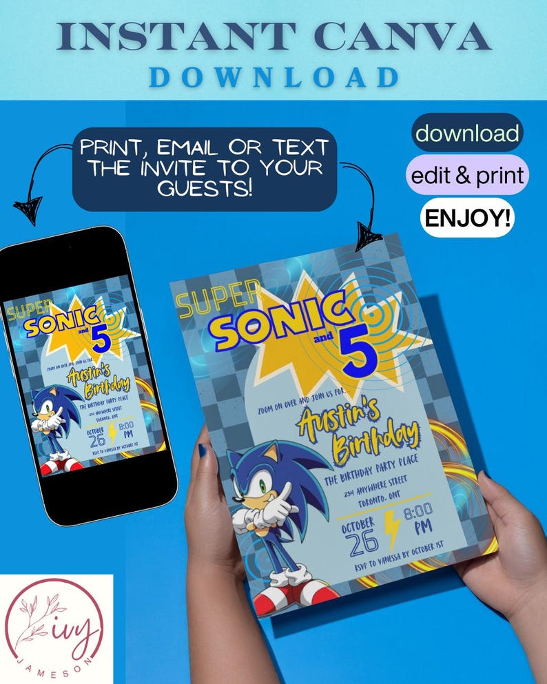 Super Sonic Birthday Invitation | Editable Sonic Party Invite | Kids ...
