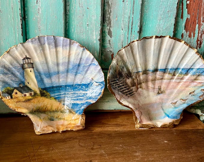 Two Clam Shell Decoupage Coastal Art - Trinket Dishes - Lighthouse and ...