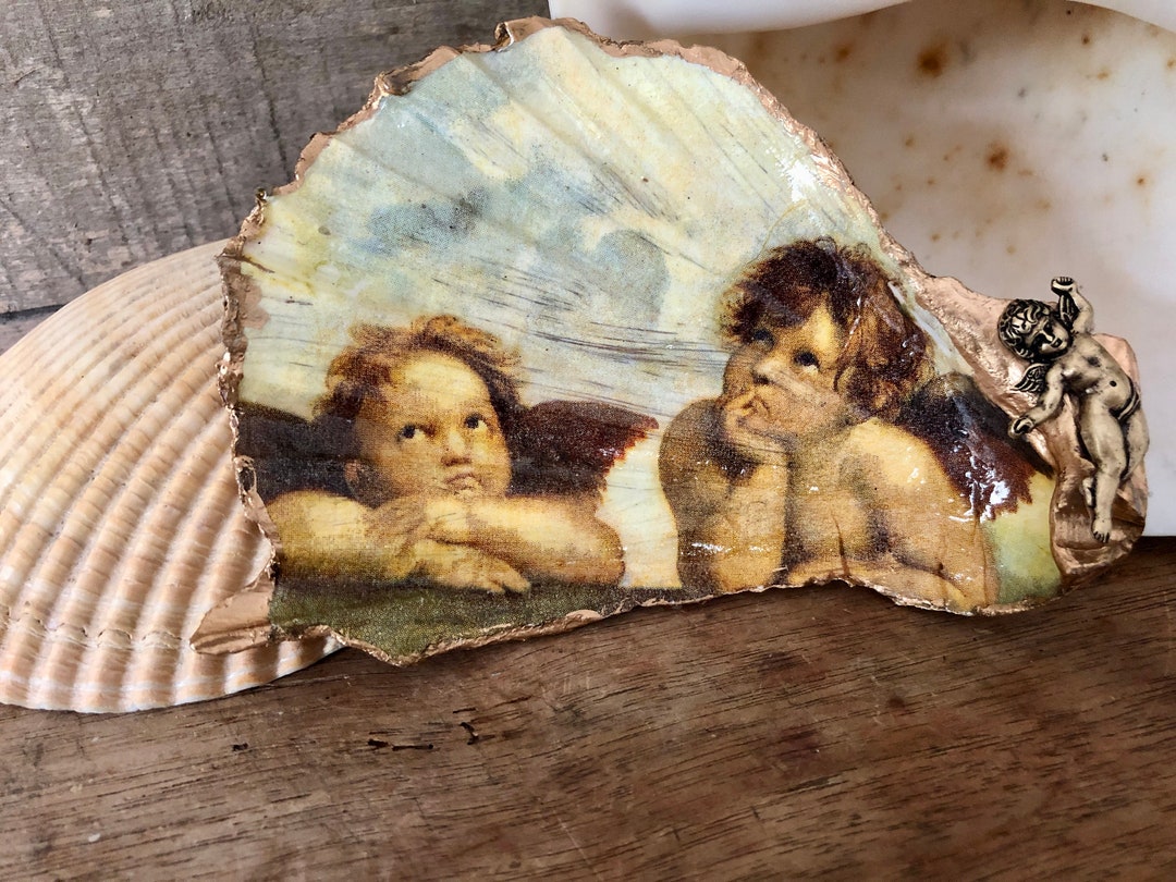 Sea Shell Decoupage Assemblage Art Cherub Decoupage With Brass Angel ...